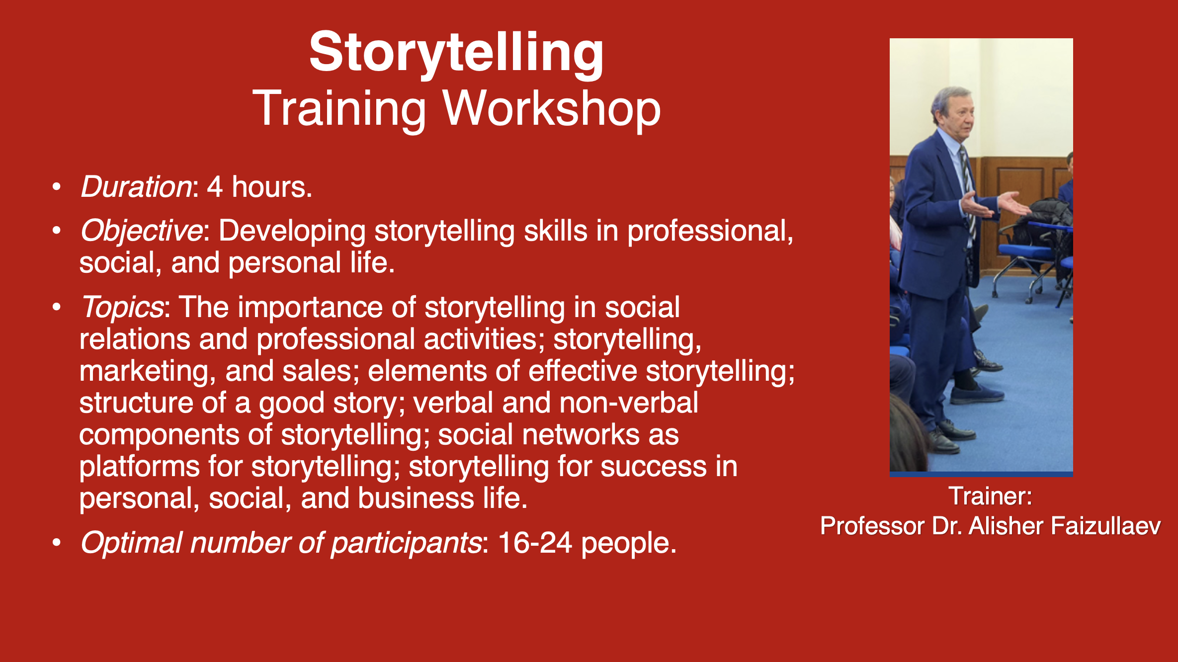 Workshops – Prof. Dr. Alisher Faizullaev